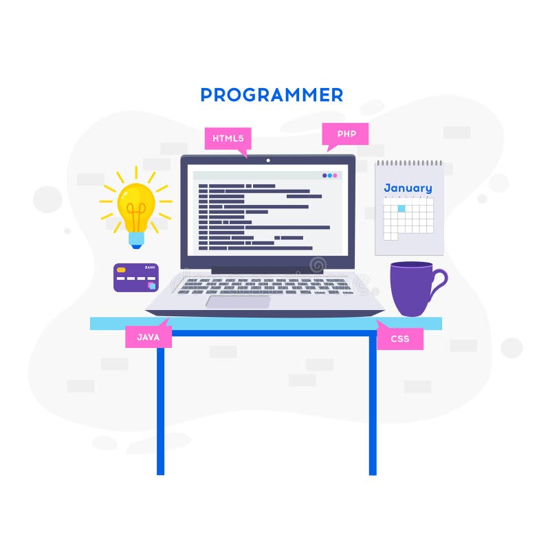 Workplace Of Programmer Or Coder Vector Illustration Programmer Coding A New Project Using