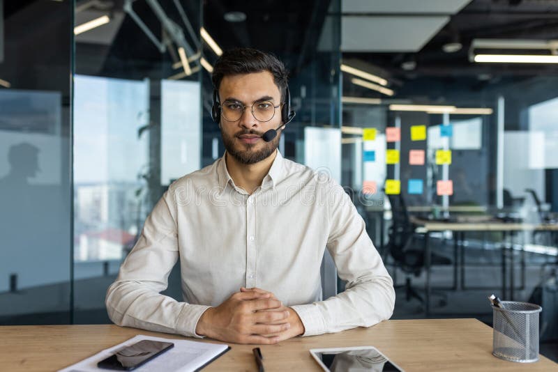 Webcam View, Online Video Call. Man with Headset Calm and Confident ...