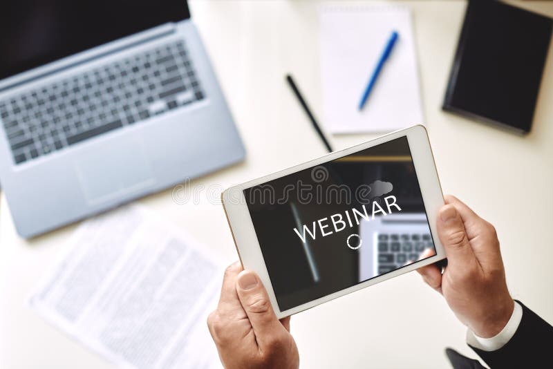 Webinar Concept, Online Training. Man Holds in His Hands a Tablet Stock ...