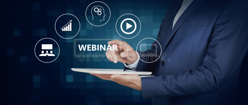 Webinar with Man Holding a Tablet Stock Photo - Image of blue, tech ...