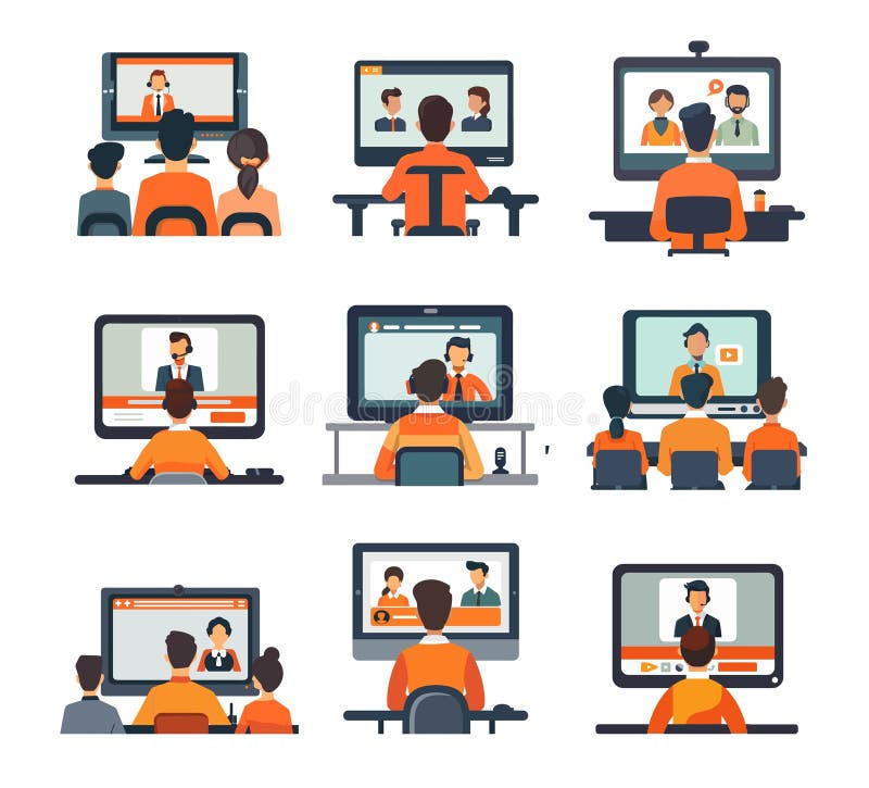 Webinar Scenes Simple Flat Set. Back View Headphones Microphone Video ...