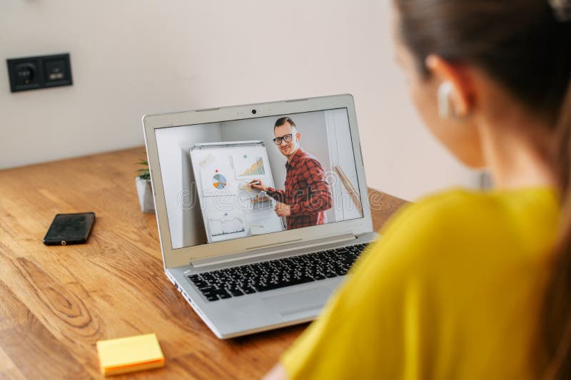 Woman Uses Laptop for Video Call Indoor Stock Image - Image of chatting ...