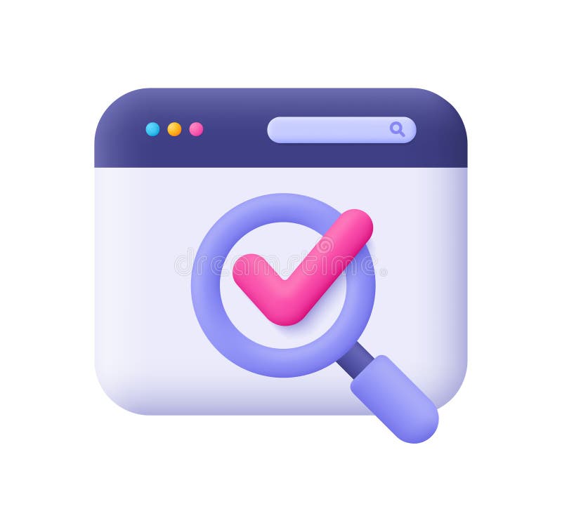 Webpage with Check Mark and Magnifying Glass. Search Engine Concept. 3d ...