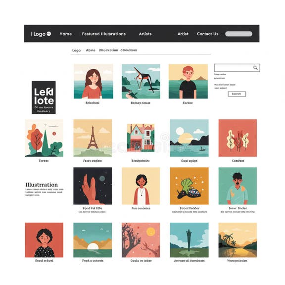 A Webpage Layout Showcases Illustrations and Designs in a Grid Format ...