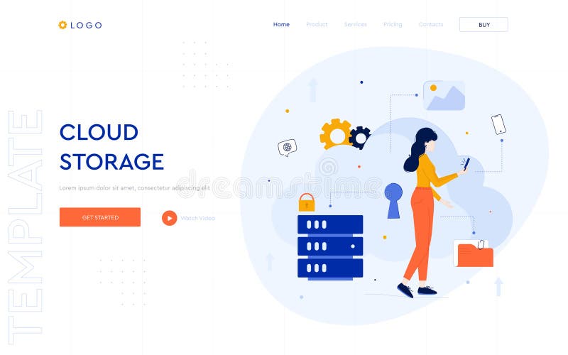 Cloud Storage Concept Website Template. the Girl Uses Cloud Storage and ...