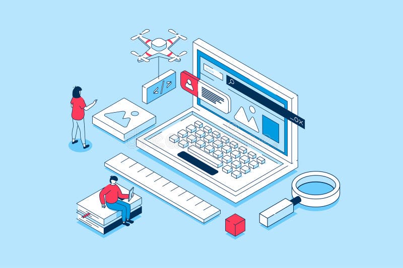 Website Creating Concept in 3d Isometric Design. People Creating UI UX Interface and Homepages ...