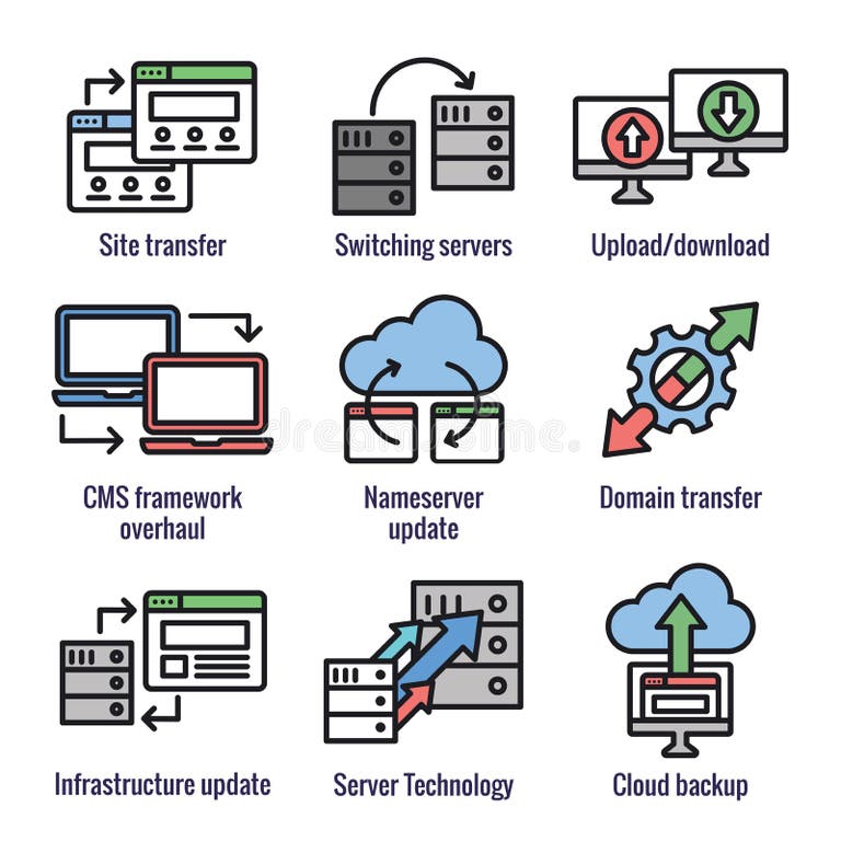 Website Data Transfer Icon Set with Laptops, Arrows, & Imagery of ...