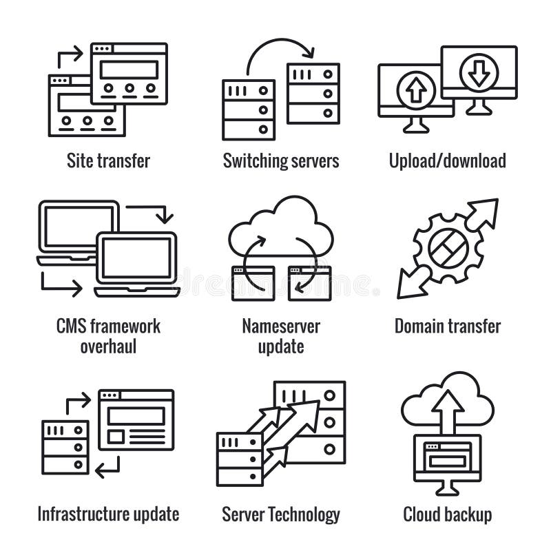 Website Data Transfer Icon Set with Laptops, Arrows, & Imagery of ...