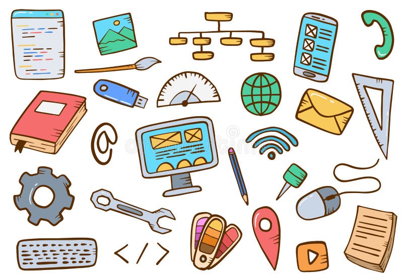 Website Design Industry Concept Doodle Hand Drawn Set Collections with ...