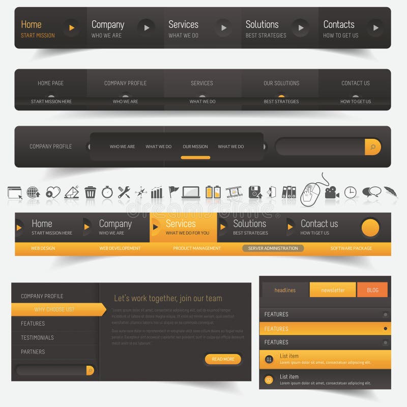 Website Design Navigation Template Elements with Icons Set Stock Vector ...