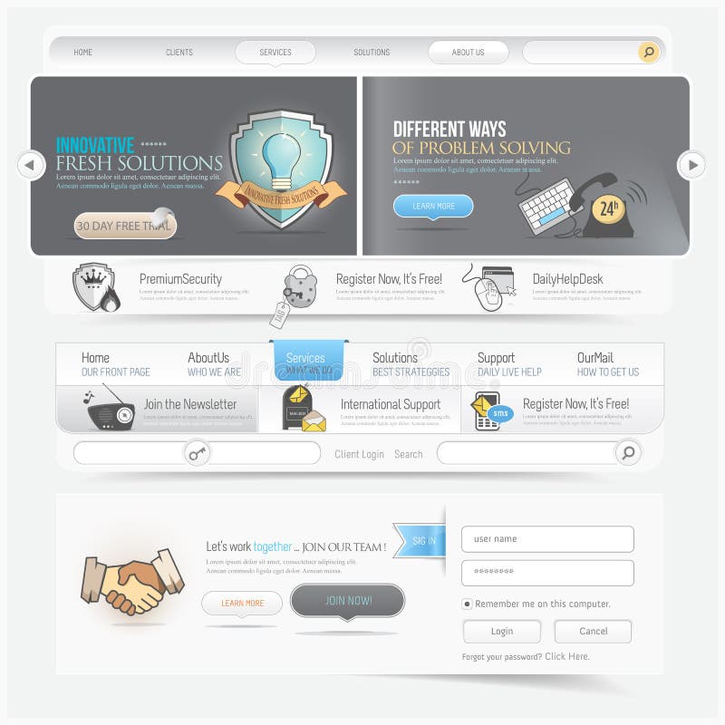 Website Template Design Menu Navigation Elements With Icons Set Stock Vector Illustration Of