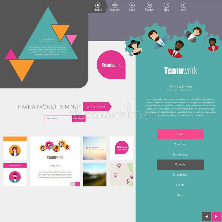 Website Design Template with UI Elements Kit, Flat Design Concept ...