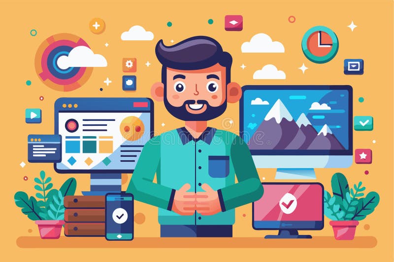 A Website Designer Stands in a Colorful Workspace Surrounded by Screens ...