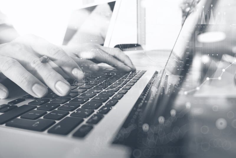 Website Designer Working Digital Tablet and Computer Laptop with Stock ...