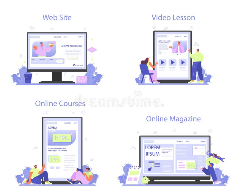 Website Development Online Service or Platform Set. HTML Coding Process Stock Vector ...