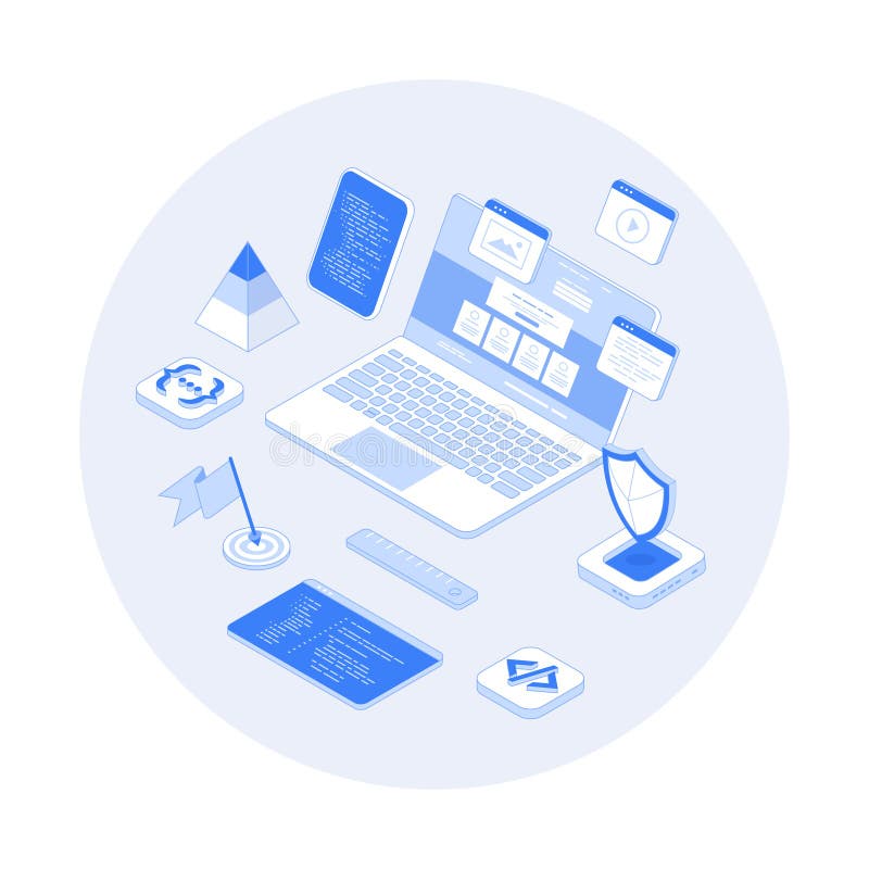 Web Development Programming Coding. Laptop with Program Code on the Screen, Virtual Screens ...