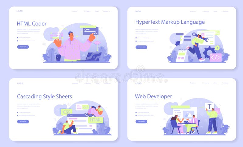Website Development Web Banner or Landing Page Set. HTML Coding Process ...