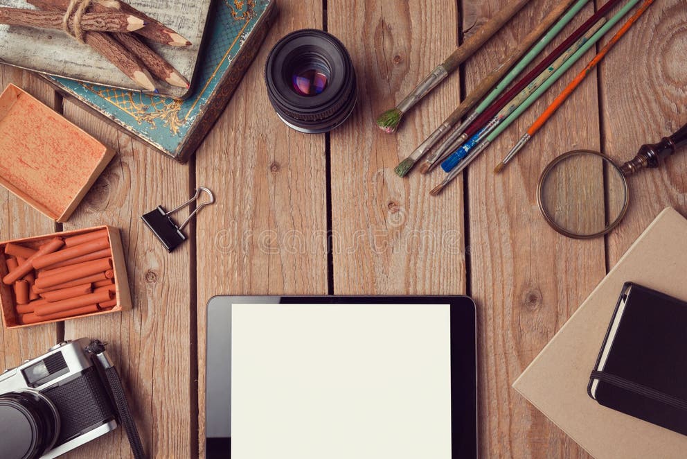 Website Header Design with Digital Tablet and Creative Vintage Objects ...