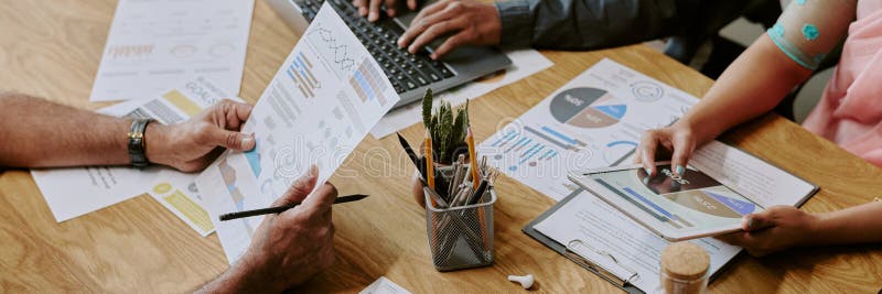 Discussion at Work Table Banner Stock Image - Image of teamwork, device ...