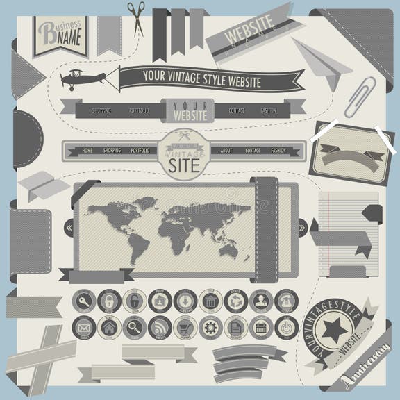 Website Headers and Navigation Elements in Retro Vintage Style. Stock ...