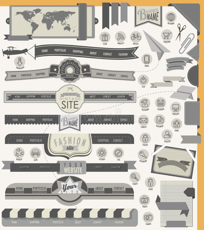 Website Headers and Navigation Elements in Retro Vintage Style. Stock ...