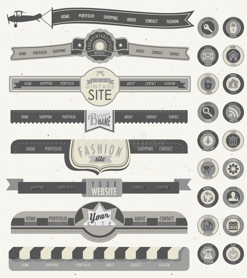 Website Headers and Navigation Elements in Retro Vintage Style. Stock ...