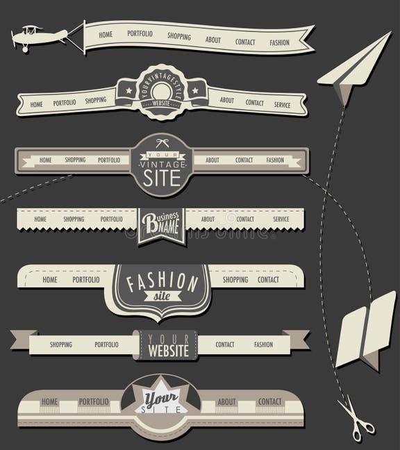 Website Headers and Navigation Elements in Vintage Style. Stock Vector ...