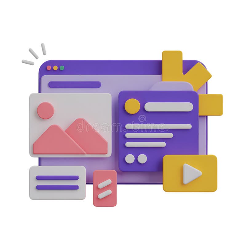 Website Interface Elements with Video, Image, and Text in 3d Rendering ...