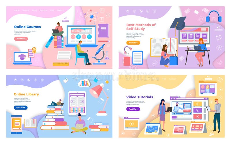 Website with Online Courses for E-learning. Girls Study with Laptops ...