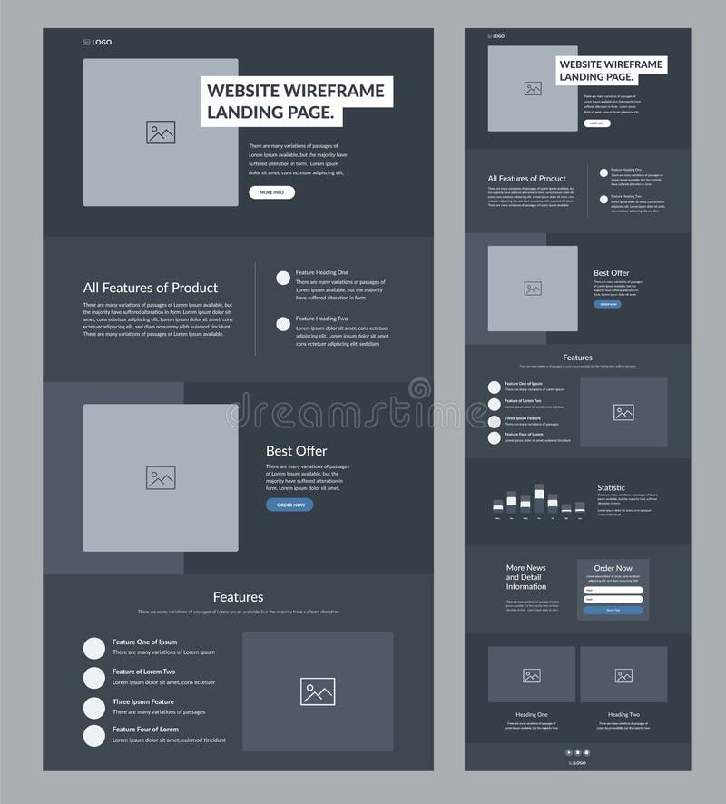 Website Template Design. Dark Landing Page Site Wireframe. Stock Vector ...