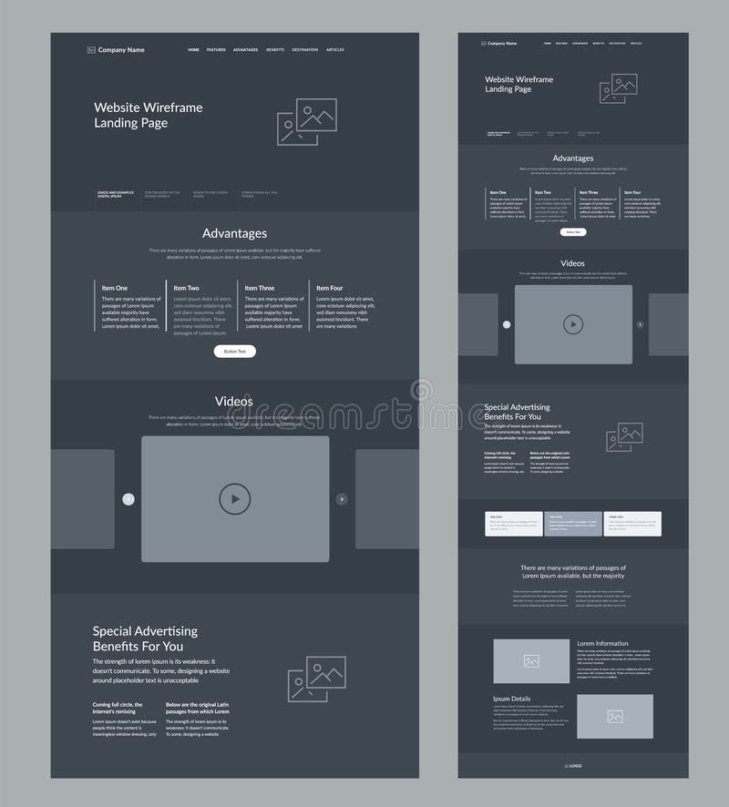 Website Template Design. Dark Landing Page Site Wireframe Stock Vector ...