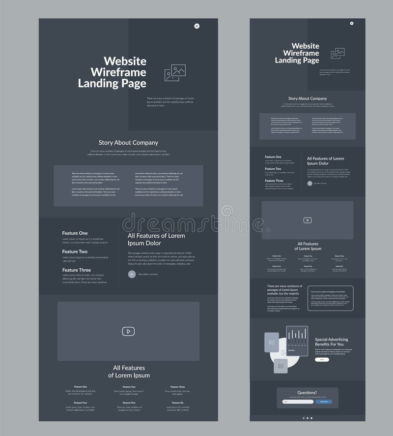 Website Template Design. Dark Landing Page Site Wireframe. Stock Vector ...