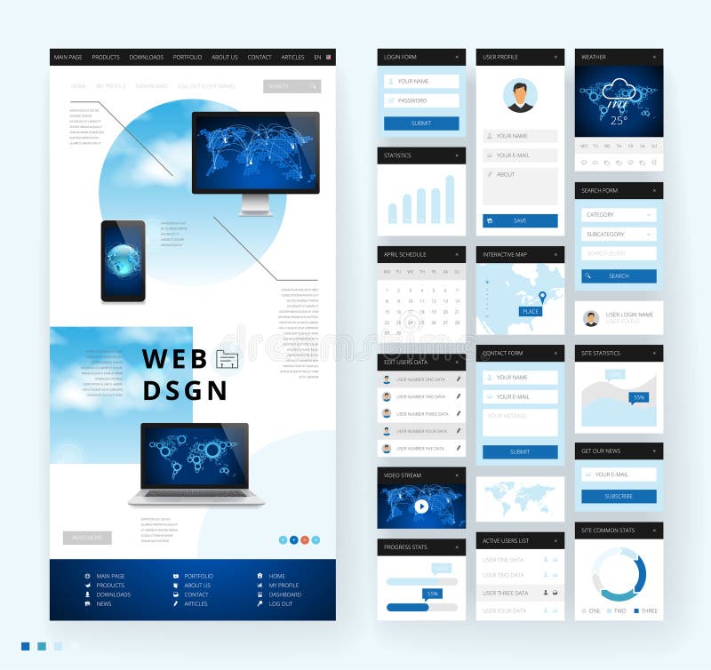 Website Template Design with Interface Elements Stock Vector ...