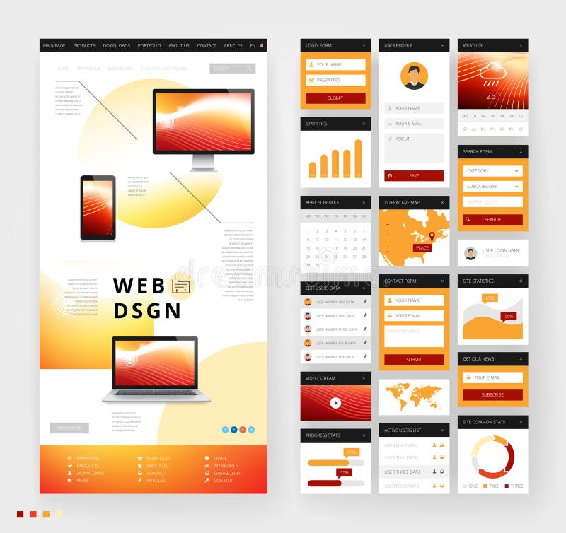 Website Template Design with Interface Elements Stock Vector - Illustration of business ...