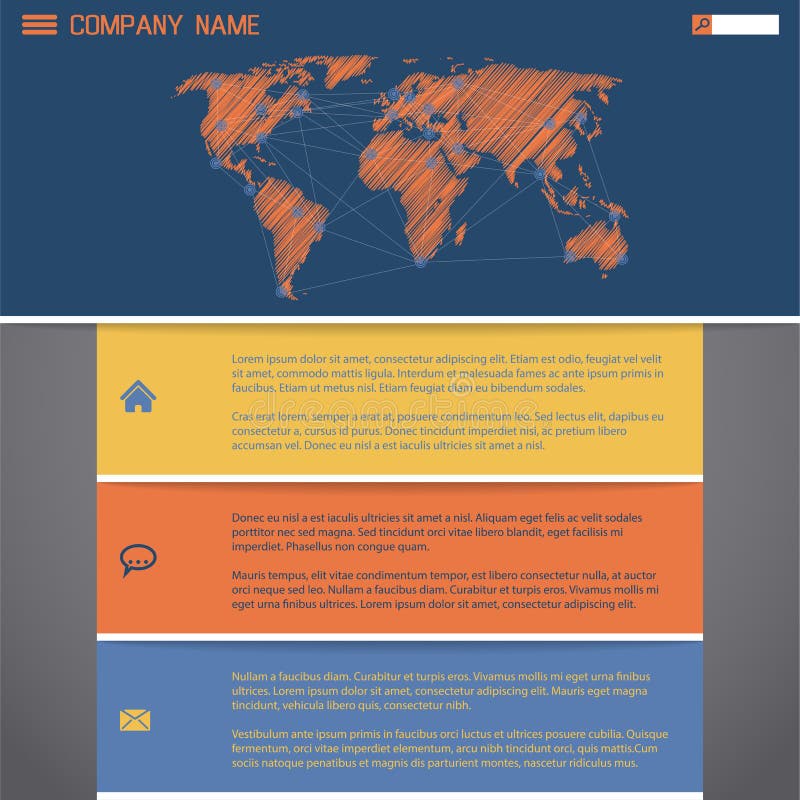 Website Template Design with Scribbled Wolrd Map Stock Illustration ...