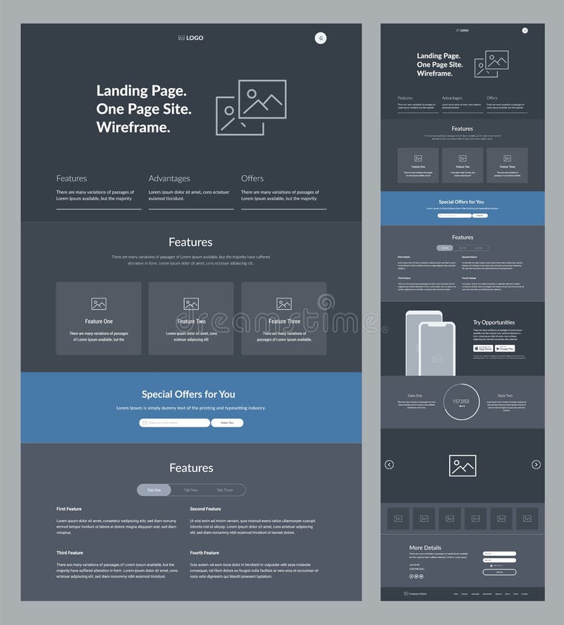 Website Template Design. Dark Landing Page Site Wireframe Stock Vector ...