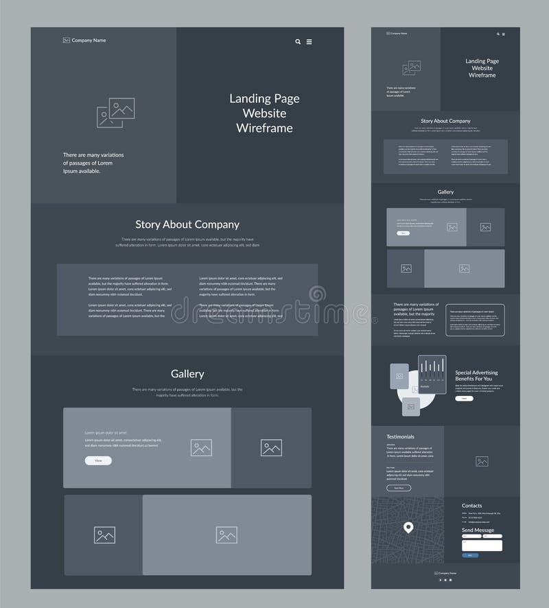 Website Template Design. Dark Landing Page Site Wireframe. Stock Vector ...