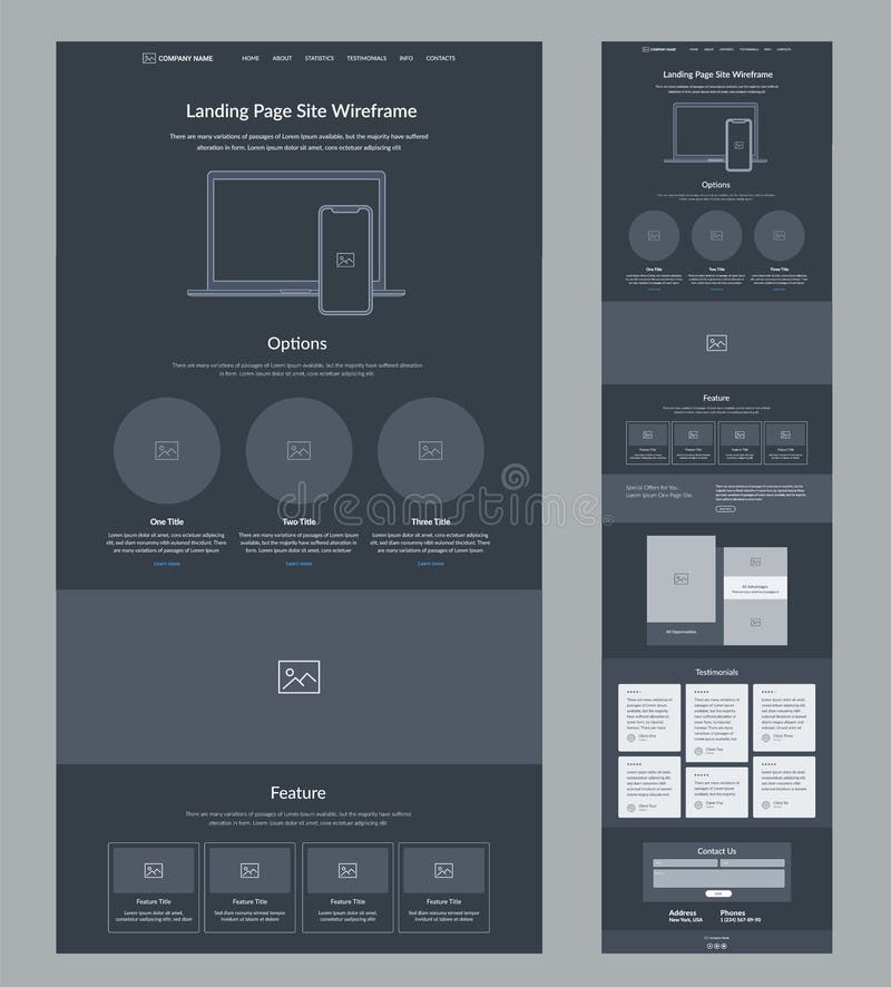 Website Template Design. Dark Landing Page Site Wireframe. Stock Vector ...