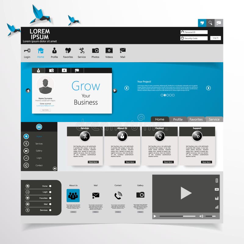 Website UI Elements Gray and Blue, Navigation Bar, Buttons, Slider ...