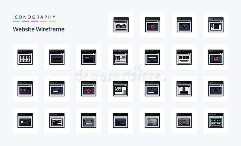 25 Website Wireframe Line Filled Style Icon Pack. Vector Iconography Illustration Stock Vector ...