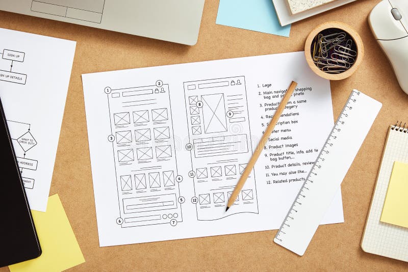 Website Wireframe Sketches Over Web Designer Desk Stock Photo - Image ...