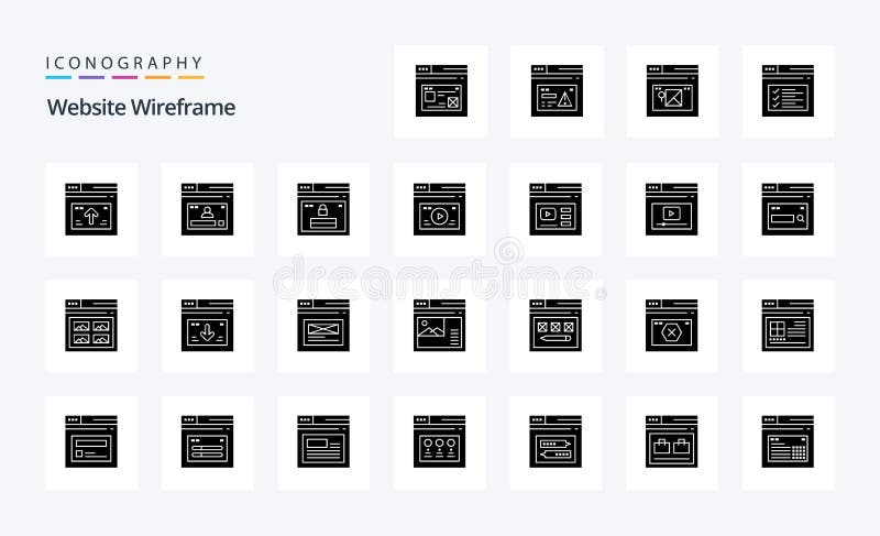 25 Website Wireframe Solid Glyph Icon Pack Stock Vector - Illustration ...