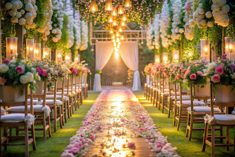 Wedding Aisle Shining with Light among Flowers Stock Illustration ...