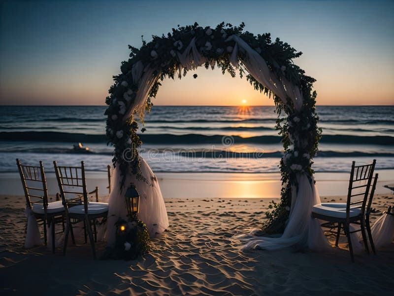 Wedding Arch and Chairs without People on the Night Beach. Ai ...