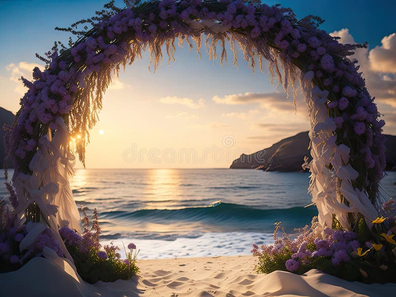 Wedding Arch and Chairs without People on the Night Beach. Ai ...