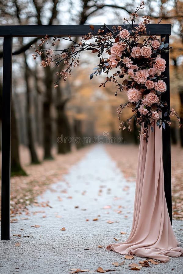 A Wedding Arch Decorated with Flowers and Greenery on a Path Stock ...