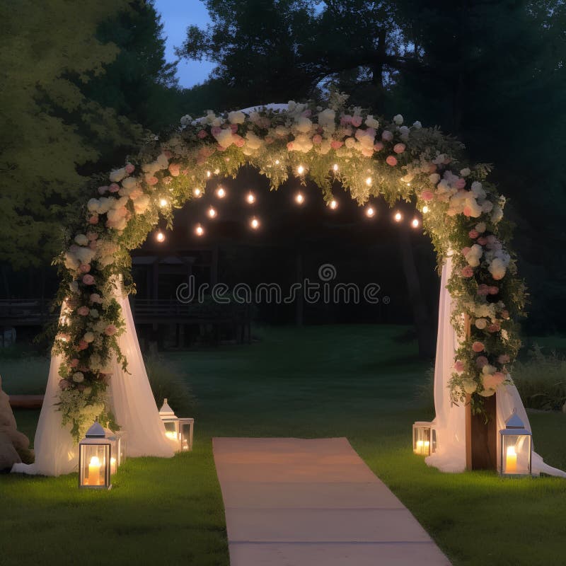 Wedding Arch Decorated with Flowers and Lanterns at Night. Stock ...