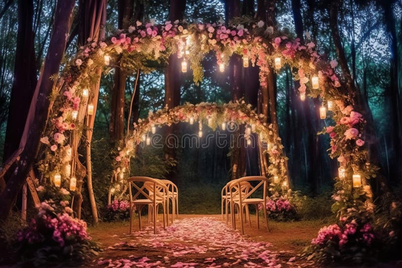Wedding Arch Decorated with Pink Flowers in the Night Forest Stock ...