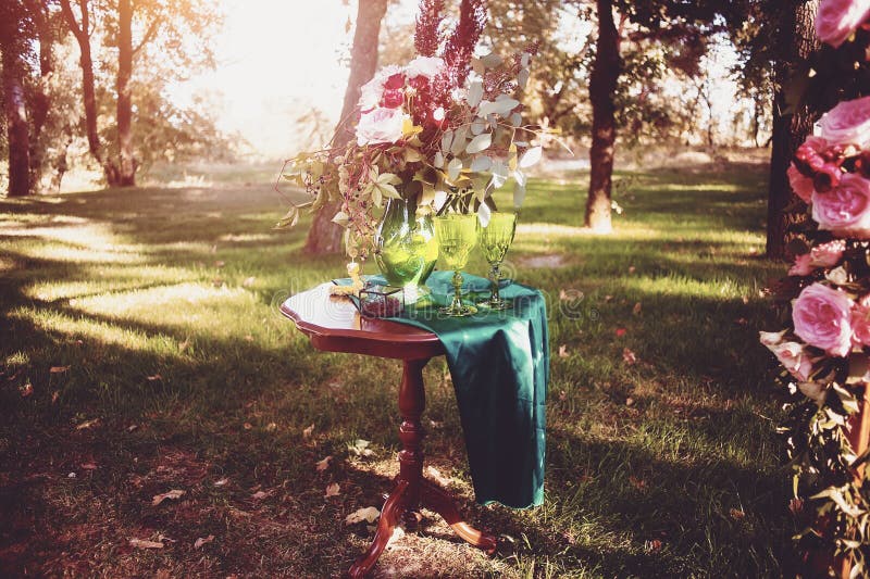 Wedding Arch and Decoration in Green Forest Stock Photo - Image of ...