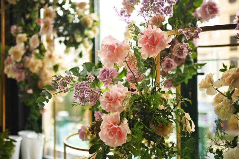 Wedding Arch of Peonies and Roses without People. Stock Photo - Image ...